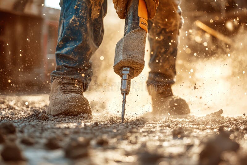 Close-up of a Construction Worker Breaking Concrete with a Jackhammer ...