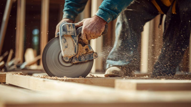 Close-up of a Construction Worker Cutting Wood with a Circular Saw ...