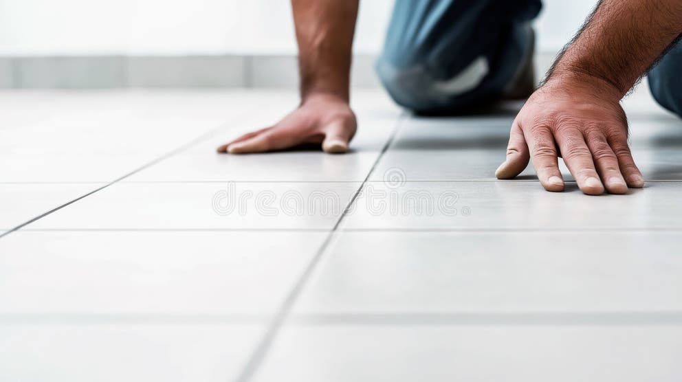 Construction Worker Installing Oversized Floor Tiles, Using Spacers for ...