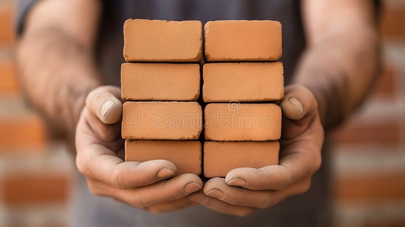 Close Up of a Construction Worker Holding a Stack of Bricks, Showcasing ...