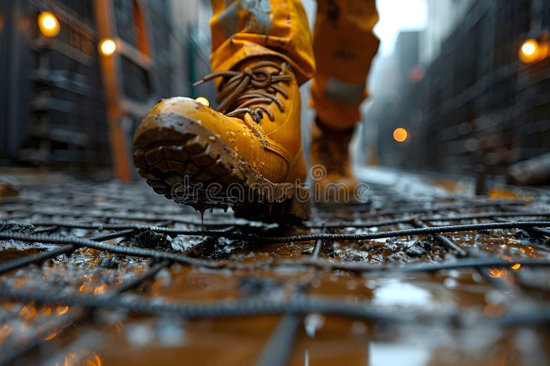 Industrial Construction Worker Boot in Action on Rainy Day - Safety ...