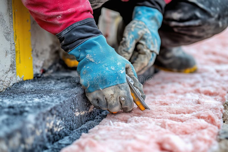 Construction Worker Installing Pink Insulation Material during Home ...