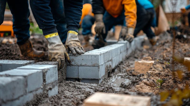 Close-up of Construction Worker S Hands Laying Concrete Blocks Stock ...
