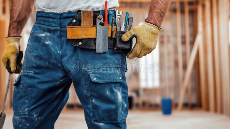 Construction Worker Wearing Tool Belt Holding Hammer Unfinished ...