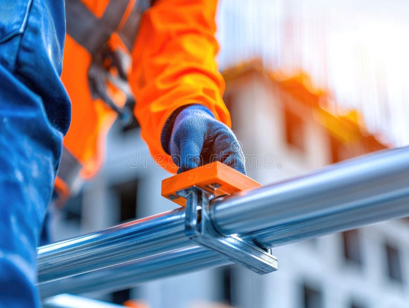 Close-up of a Construction Worker Securing a Metal Pipe with a Clamp at ...