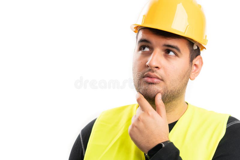 Close-up of Construction Worker Thinking Looking at Copyspace Stock ...