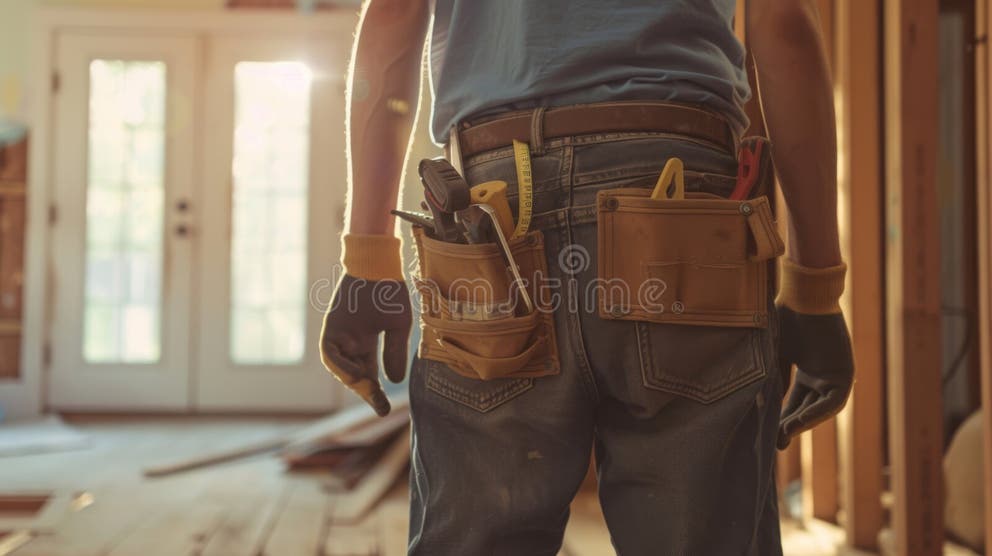 A Close-up of a Construction Worker with a Tool Belt Filled with ...