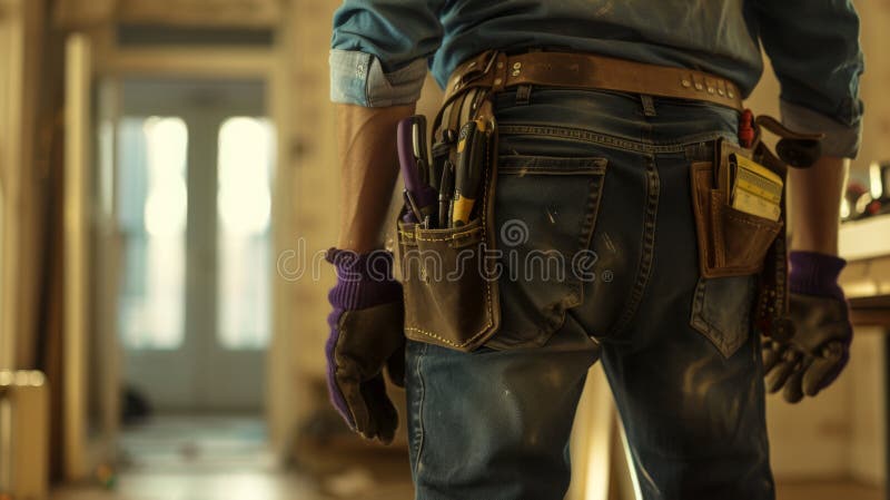 A Close-up of a Construction Worker with a Tool Belt Filled with ...