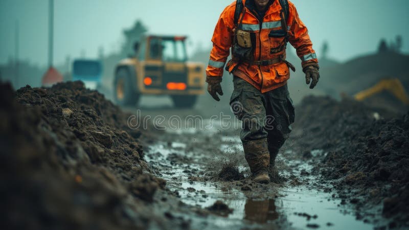 Close-up of Construction Worker Walking through Deep Mud and Puddles at ...
