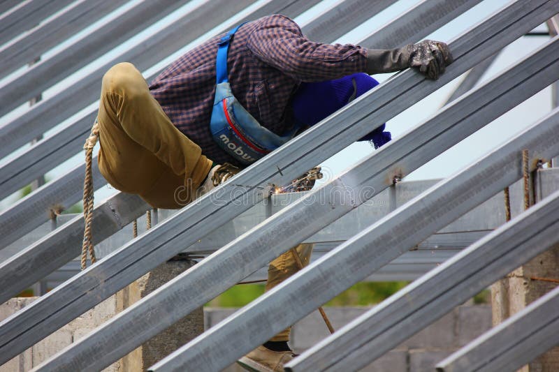 Close Up Construction Worker Welding New House Roof Beam Stock Image ...