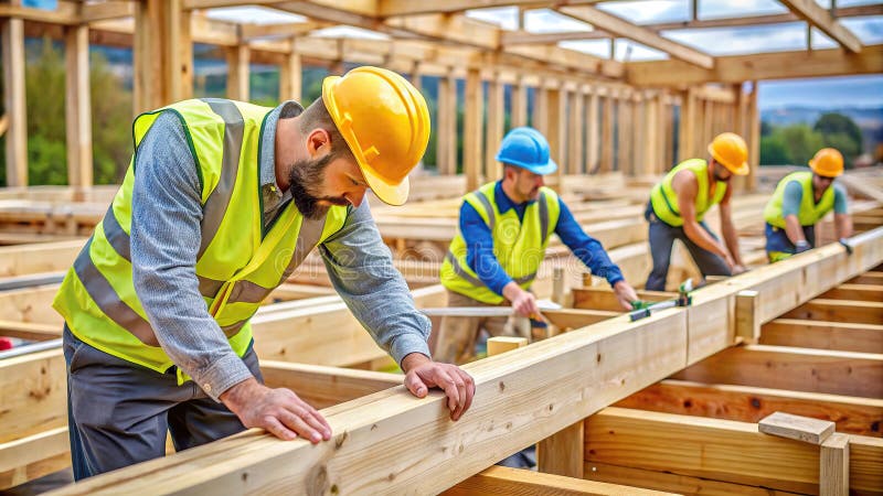 Close-up of Construction Workers Building a Wooden Framework on Site ...