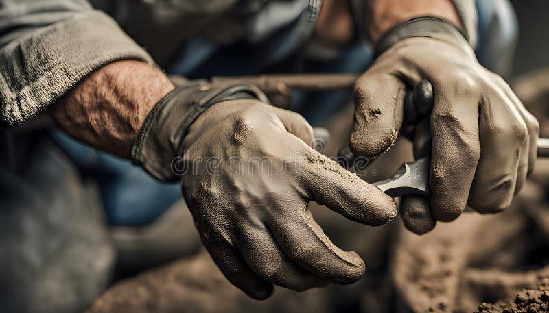 Close-up of Construction Workers Gloved Hands Holding a Tool. Manual ...