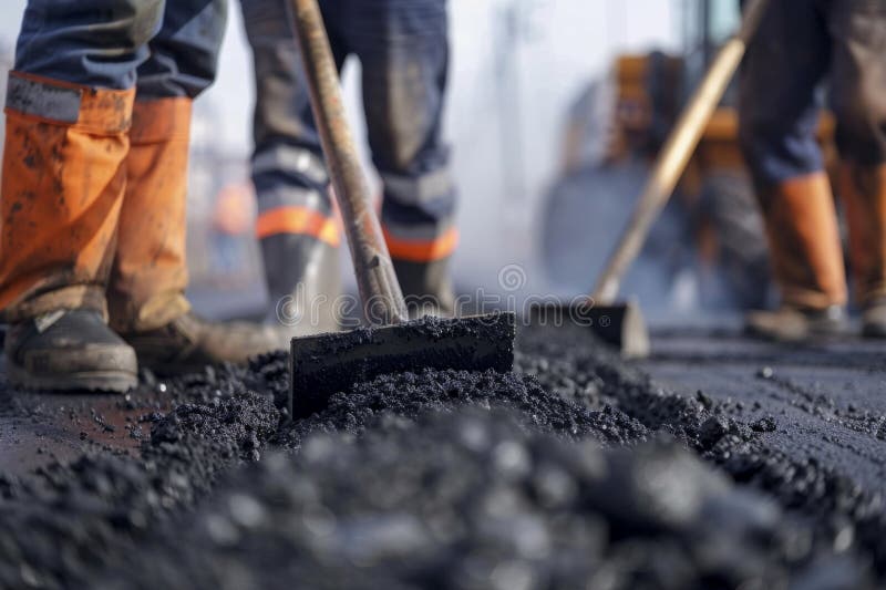Team of Construction Workers Using Shovels To Spread Asphalt on a Road ...