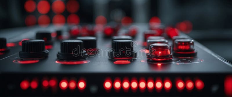 Close-up of a Control Panel with Red Switches and Glowing Lights in a ...