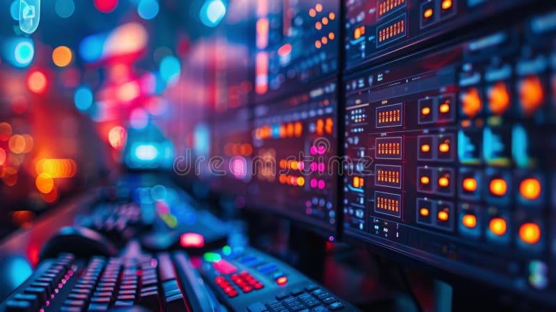 Close Up of a Control Room Computer System with Multiple Monitors and ...
