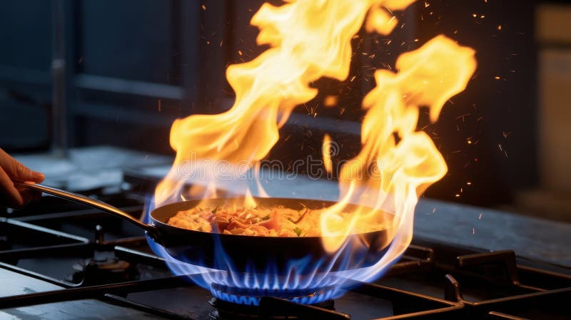 Close-up of Cooking Pan with Hand Stirring Over High Flame Stock ...