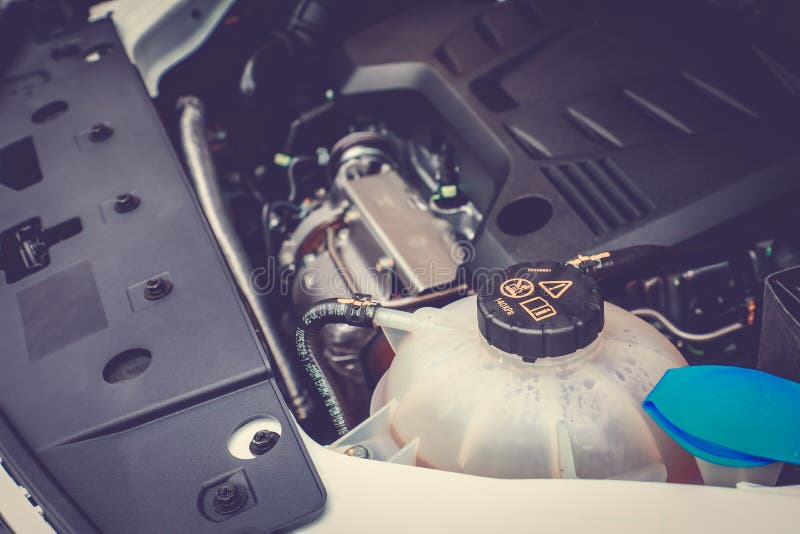 Close Up Coolant Container in a Car Stock Photo - Image of bottle ...