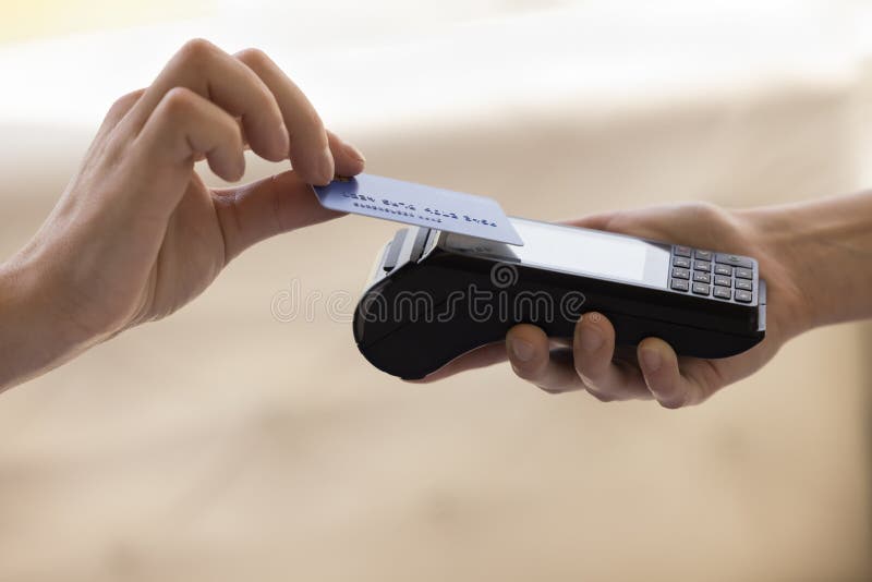 Customer Hold Card Makes Easy Payment on Card Reader Machine Stock ...