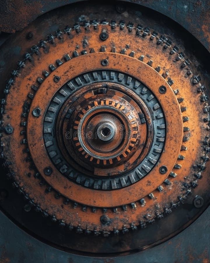 Close-up of a Corroded Orange Industrial Gear with Intricate Circular ...