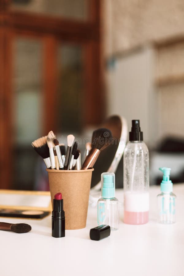 Close Up Cosmetics on Desk Isolated Stock Photo - Image of closeup ...