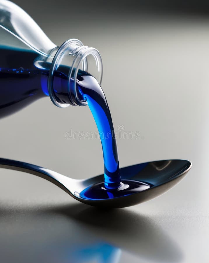 Close Up of Cough Syrup Being Poured from Bottle into Spoon for Cough ...