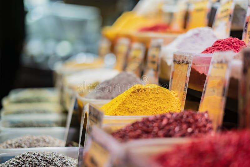Close Up Counter with Various Spices in Supermarket B Stock Image ...