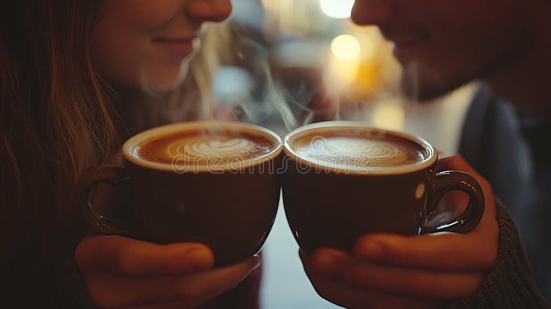 Close-up of a Couple Sharing Two Steaming Cups of Latte Art Coffee ...