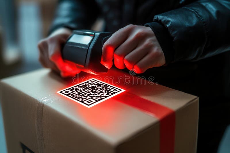 Close-up of Courier Scanning QR Code on Cardboard Box with Modern ...