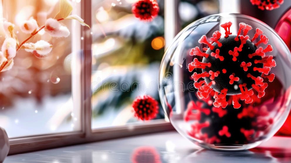 Close-up of Covid-19 Virus Render with Nature Background through Window ...
