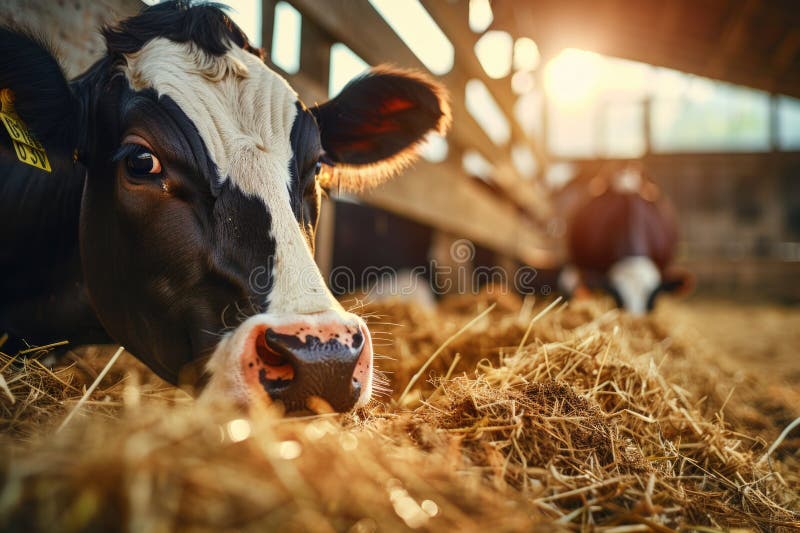 Close-up of a Cow Relaxing in a Stack of Hay Stock Photo - Image of ...