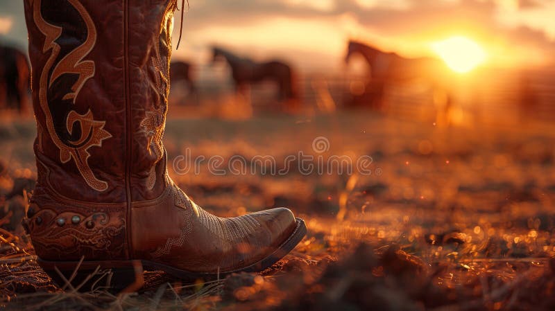 Close-up of a Cowboy Boot with Horses at Sunset on a Ranch. Stock Photo ...