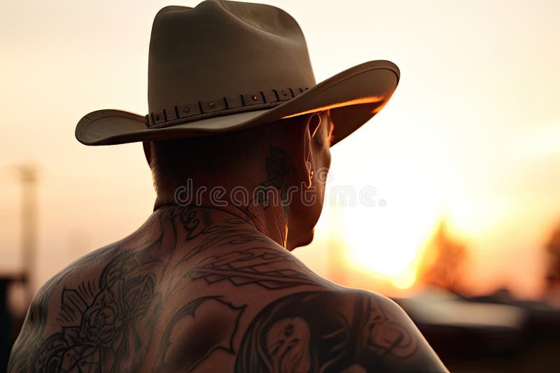 Close-up of Cowboy& X27;s Neck Tattoo, with the Sun Setting in the ...