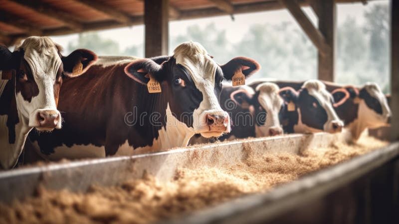 Close Up of Cows Feeding on Fodder in Stable Row Stock Illustration ...