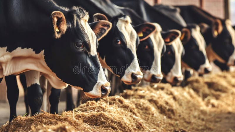 Close Up of Cows Feeding on Fodder in Stable Row Stock Illustration ...