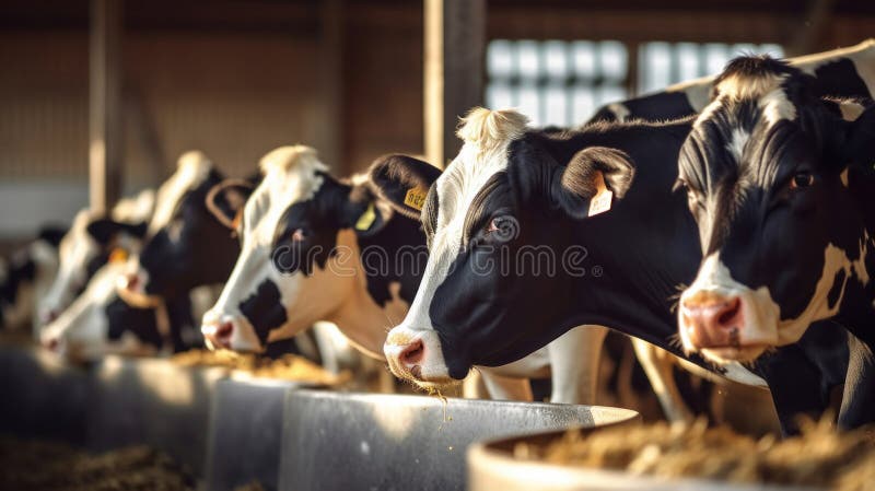 Close Up of Cows Feeding on Fodder in Stable Row Stock Illustration ...