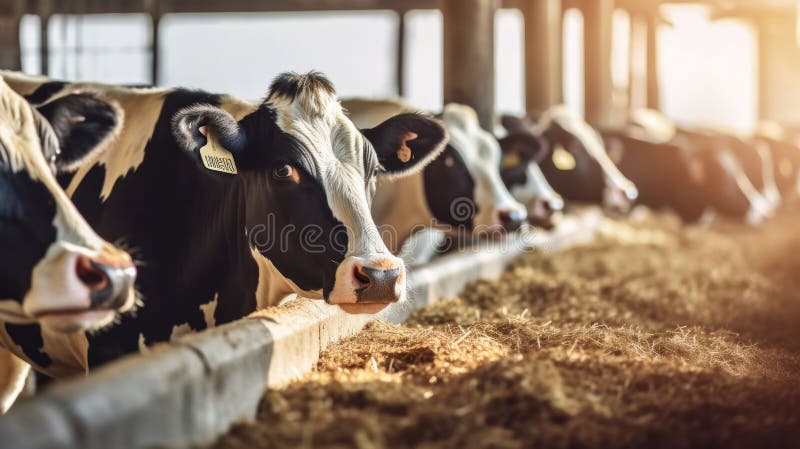 Close Up of Cows Feeding on Fodder in Stable Row Stock Image - Image of ...