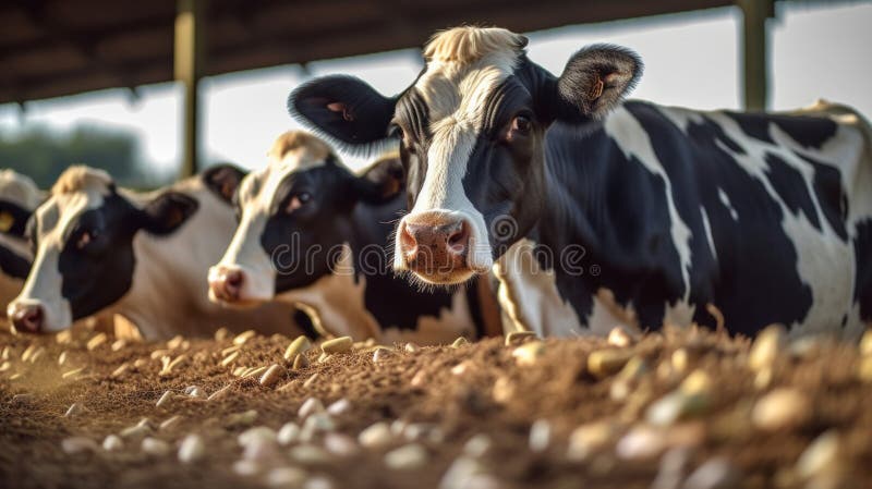 Close Up of Cows Feeding on Fodder in Stable Row Stock Illustration ...