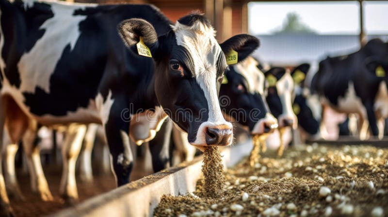 Close Up of Cows Feeding on Fodder in Stable Row Stock Photo - Image of ...