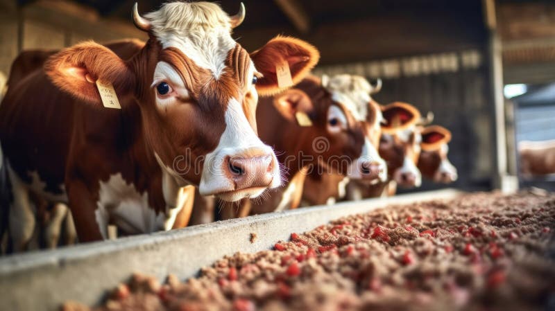 Close Up of Cows Feeding on Fodder in Stable Row Stock Illustration ...