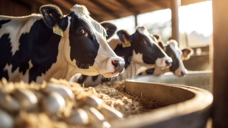 Close Up of Cows Feeding on Fodder in Stable Row Stock Illustration ...