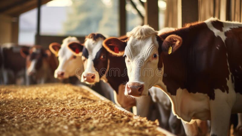 Close Up of Cows Feeding on Fodder in Stable Row Stock Illustration ...