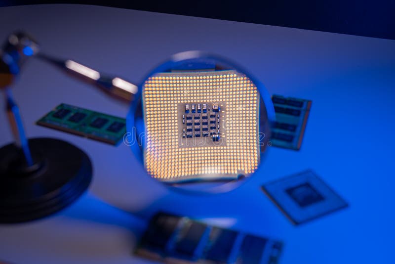 Close Up of CPU on Blue Background Stock Image - Image of electronics ...