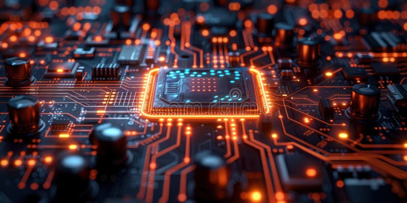 Close-up of a CPU Chip with Orange Glowing Circuitry Stock Illustration ...