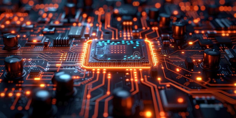 Close-up of a CPU Chip with Orange Glowing Circuitry Stock Illustration ...