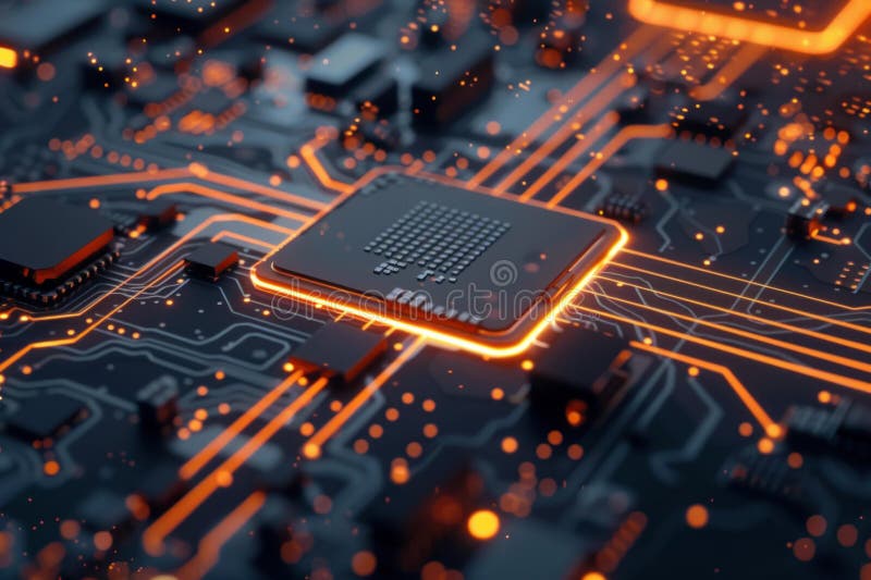 Cpu Processing Data on Motherboard with Orange Glowing Circuits Stock ...