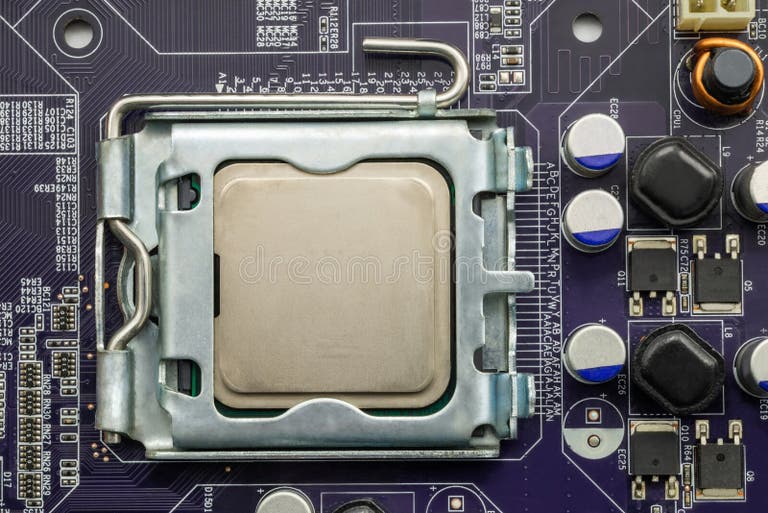 Detailed View of CPU Installed on Computer Mainboard Showing Intricated ...