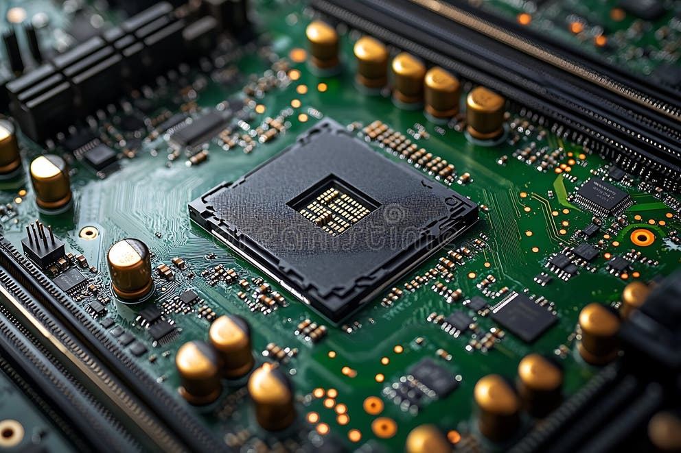 Close-up of CPU Socket on Green Motherboard with Components, Technology Background Stock ...