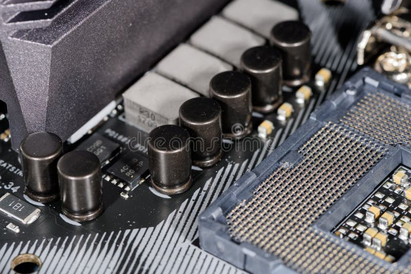 Close Up on the Cpu Socket, Focus on the Surrounding Capacitors Stock ...
