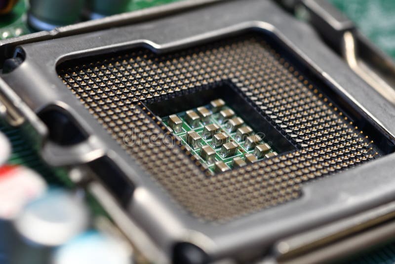 Close-Up of CPU Socket on a Modern Computer Motherboard. Electronic ...