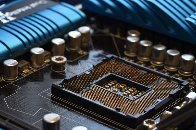 Close-Up of CPU Socket on a Modern Computer Motherboard. Electronic ...